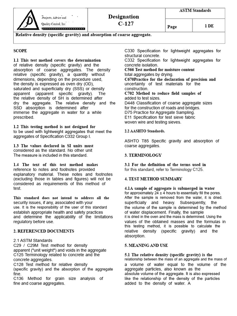 ASTM C-127 Density and Absorption of Coarse Aggregate | PDF | Density ...