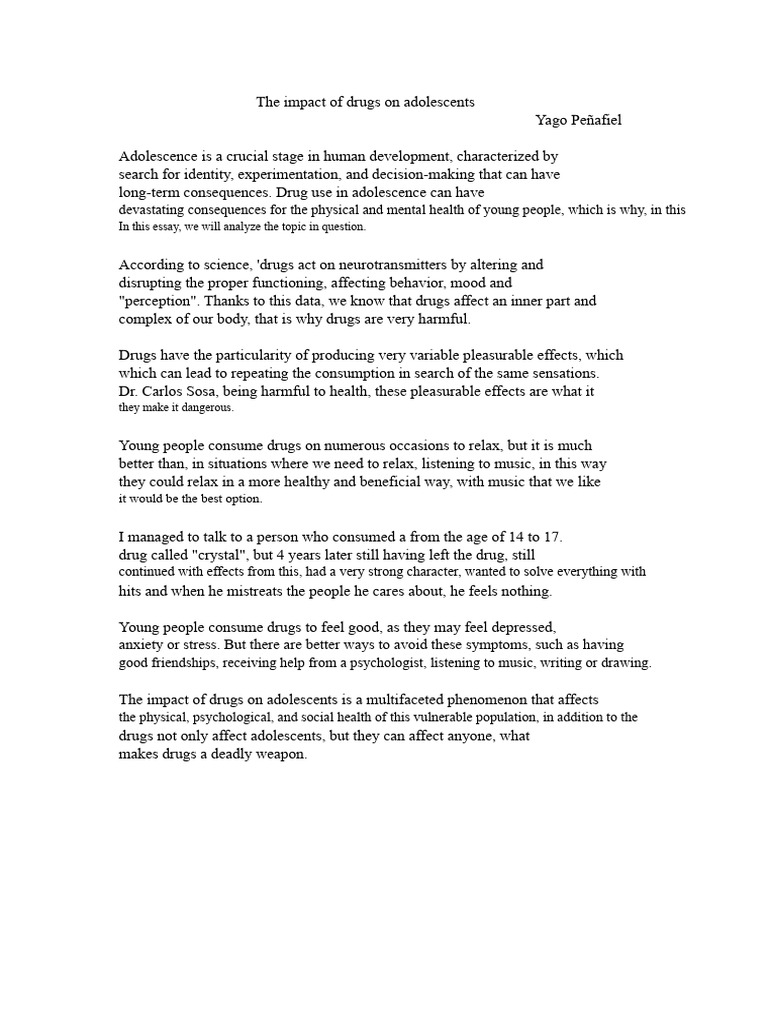 The Impact of Drugs On Adolescents, Essay by Lyl | PDF