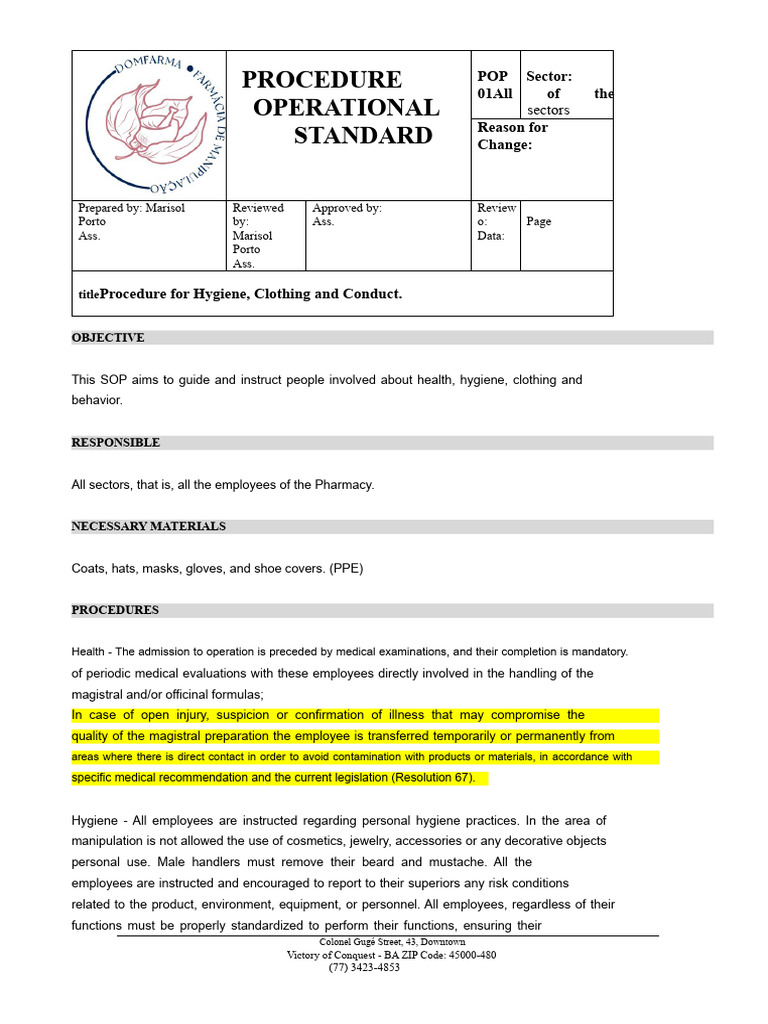POP 01 Procedure For Hygiene, Clothing, and Conduct | PDF | Personal ...