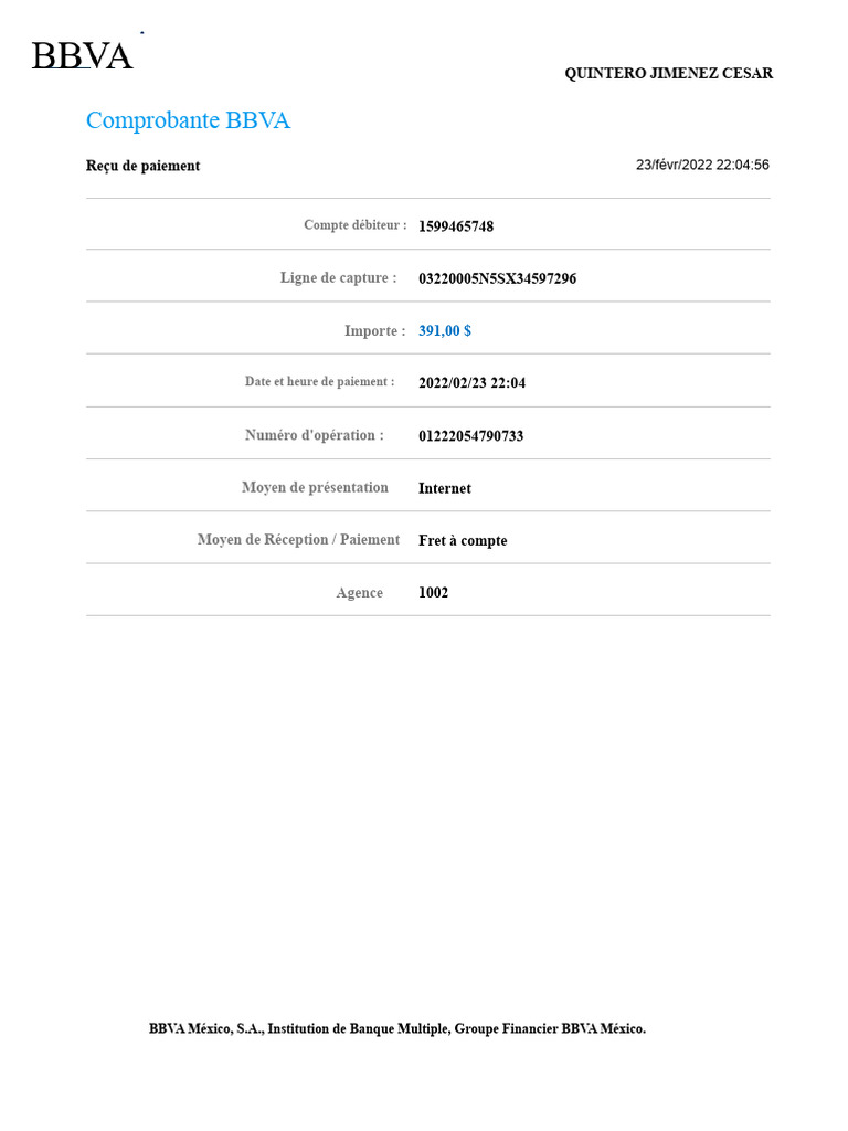 Comprobante Bbva Ligne De Capture Pdf