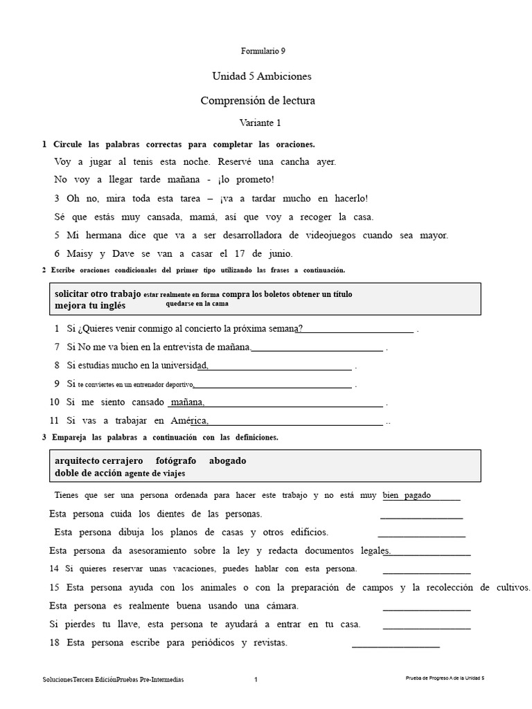 Solución Pre-Intermedio 3a Ed/ Prueba | PDF