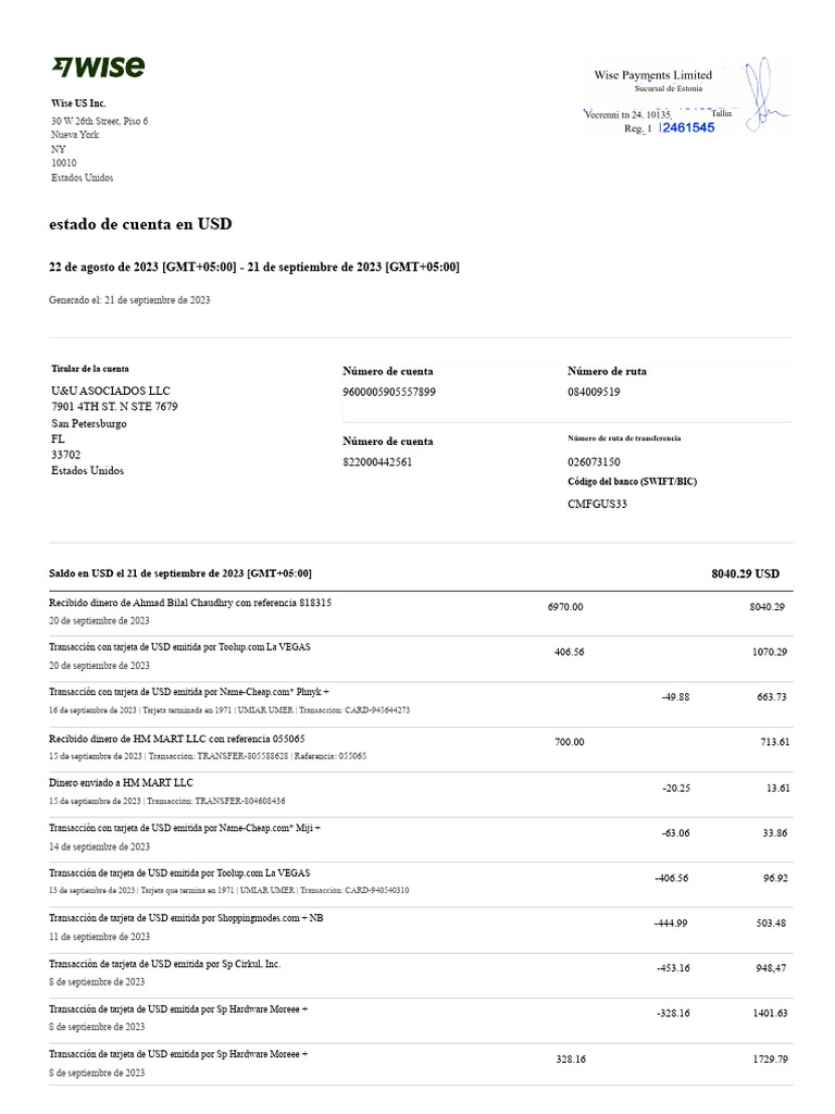 Estado de cuenta Wise US Inc. en USD | PDF | Tecnología financiera ...