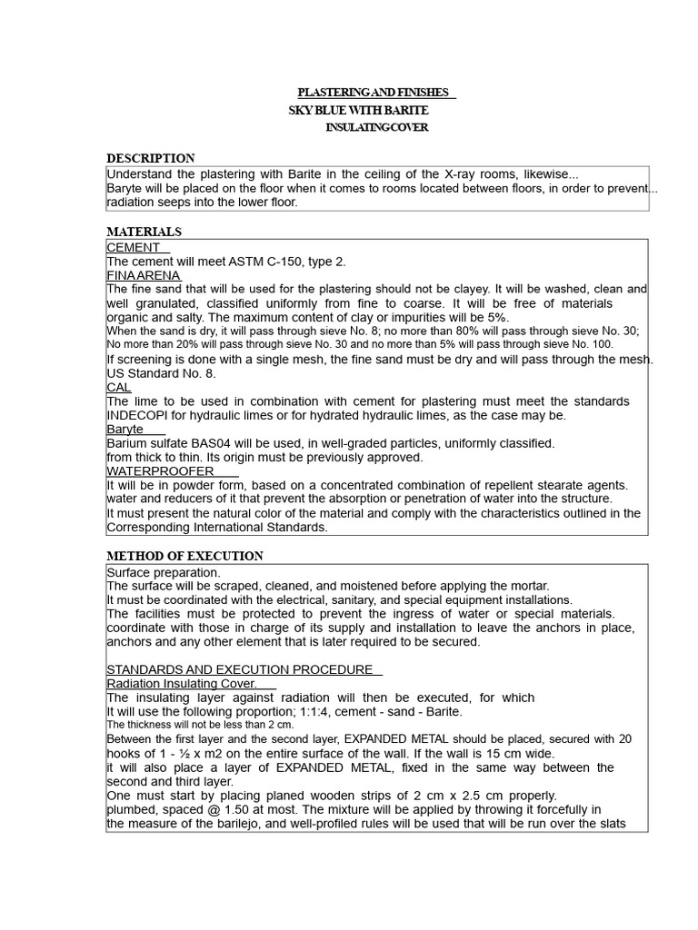 Plasters and Finishes. Ceiling With Barite. Insulating Layer | PDF | Lime (Material) | Cement