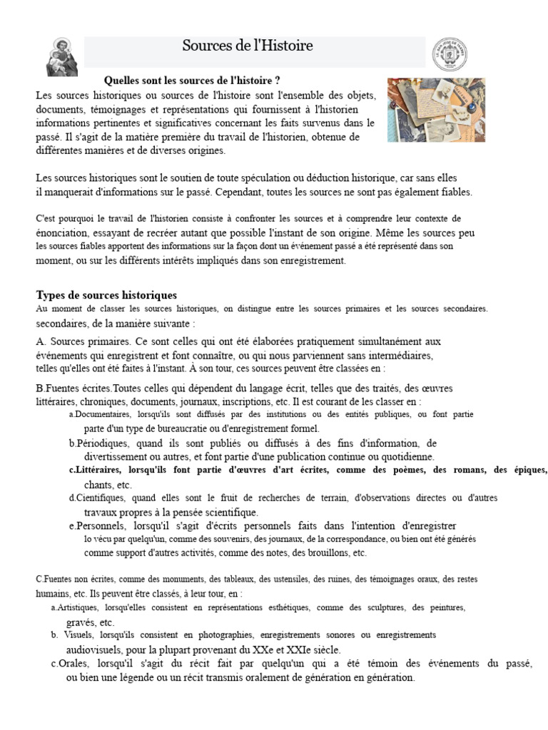 Types de sources historiques expliqués | PDF | Enseignement des Arts ...