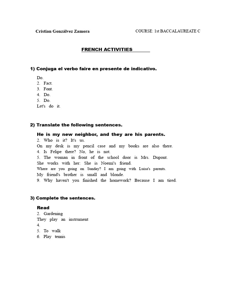 French Language Activities for Students | PDF | Linguistics | Grammar
