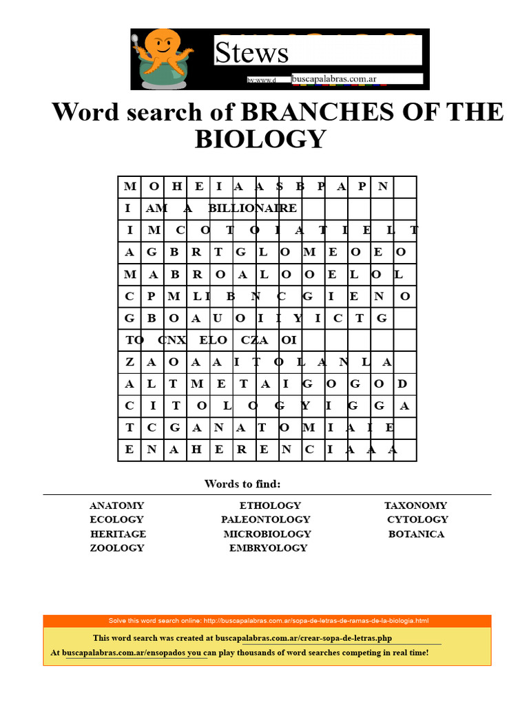 Word Search of Branches of Biology | PDF