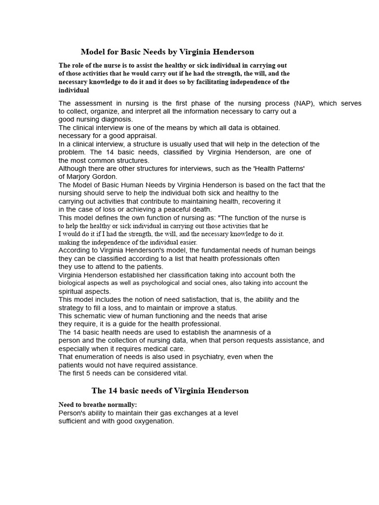 Basic Needs Model by Virginia Henderson | PDF | Psychological Trauma ...