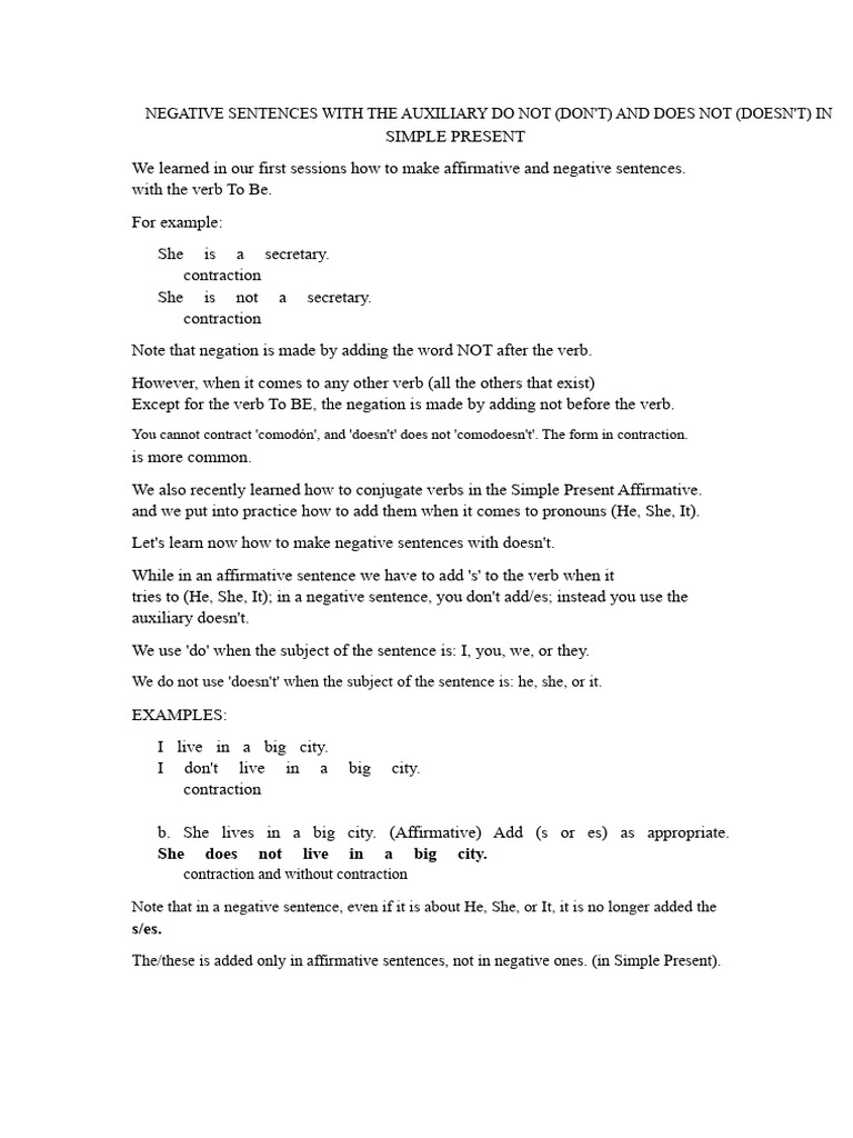 Negative Sentences With The Auxiliary Don't and Doesn't | PDF