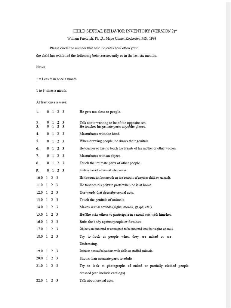 Child Sexual Behavior Inventory Form 2 | PDF | Masturbation | Human ...