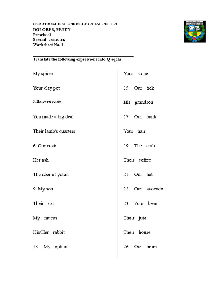 Worksheet Q Eqchi Possessive Pronouns | PDF