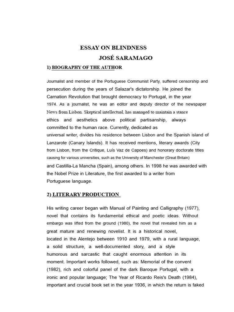 Monograph On The Essay About Blindness | PDF
