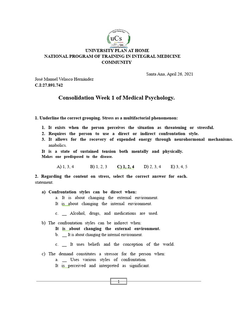 Consolidation Week 1 Medical Psychology | PDF | Stress (Biology ...