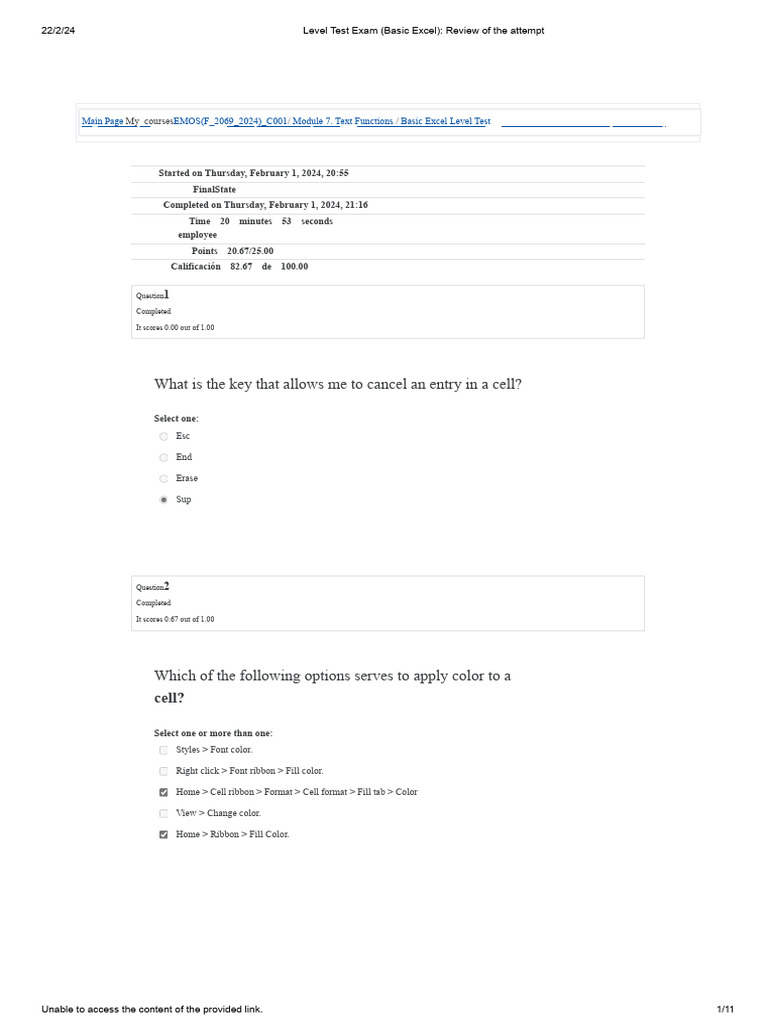 Level Test Exam (Basic Excel) - Review of Attempt 2 | PDF | Microsoft ...