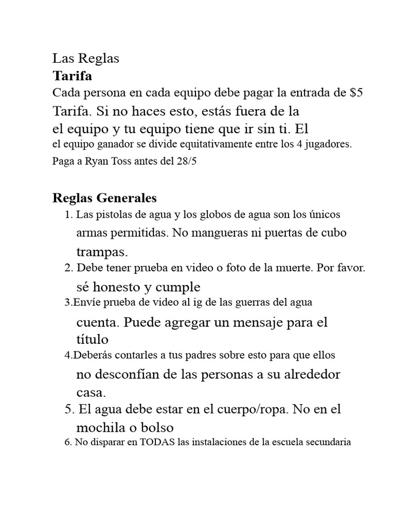 Reglas del Torneo de Guerras de Agua | PDF