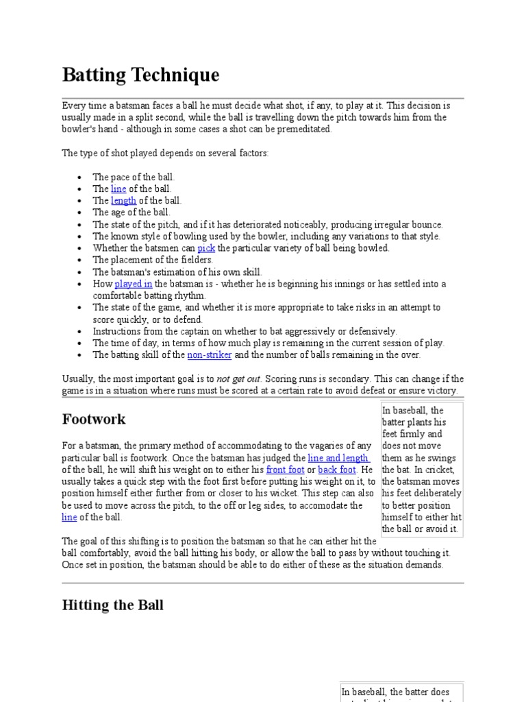 Batting Technique Explained | PDF | Bowling (Cricket) | Sports Rules ...