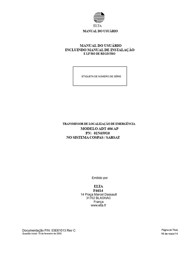 Manual do ELT ADT 406 AP: Instalação e Uso | PDF | Satélite | Conector ...