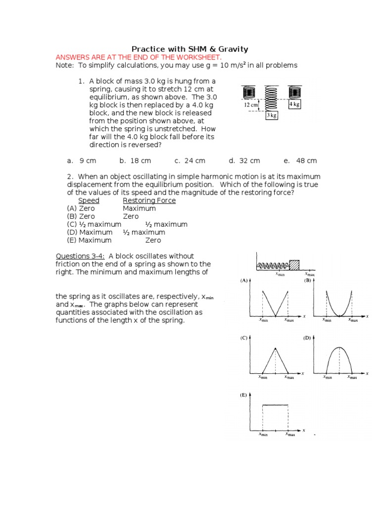 SHM and Gravity Practice Worksheet | PDF | Orbit | Mass
