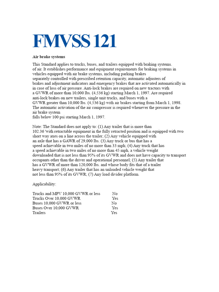 FMVSS 121 Air Brake System Standards | PDF | Transport | Truck