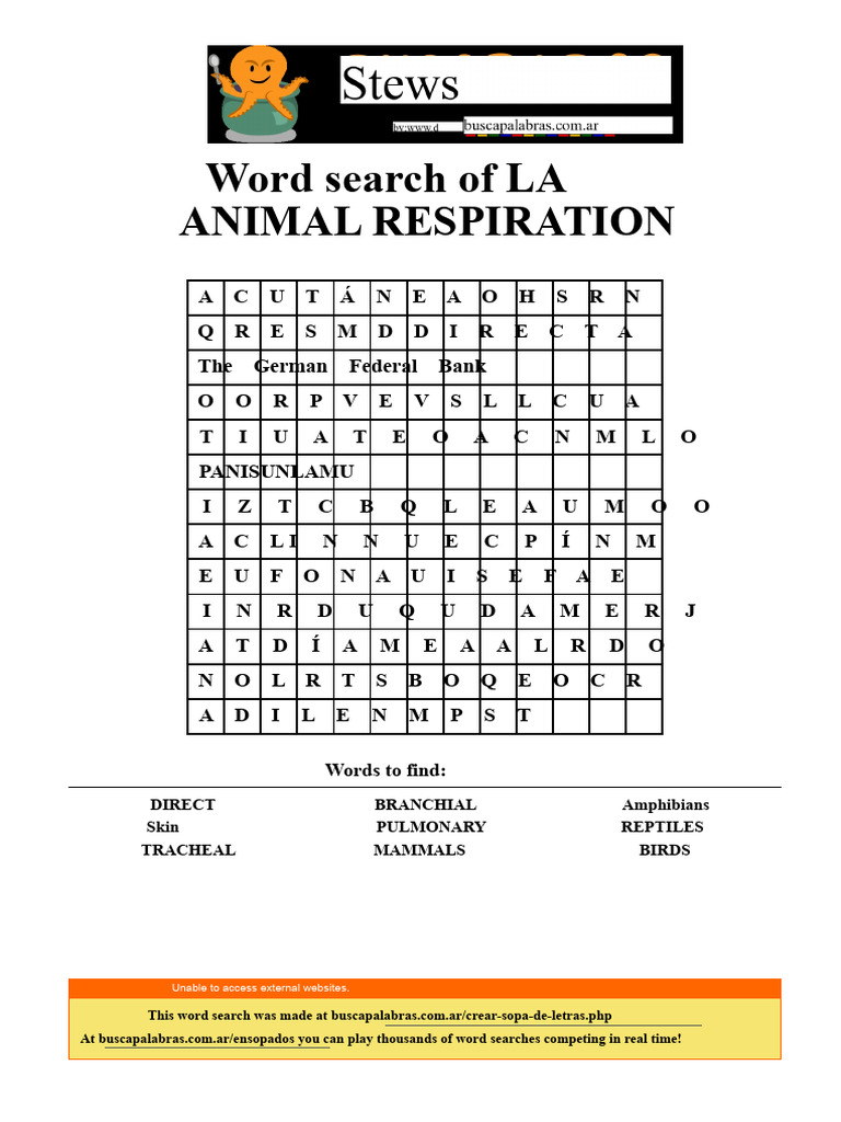 Animal Respiration Word Search 2023 | PDF