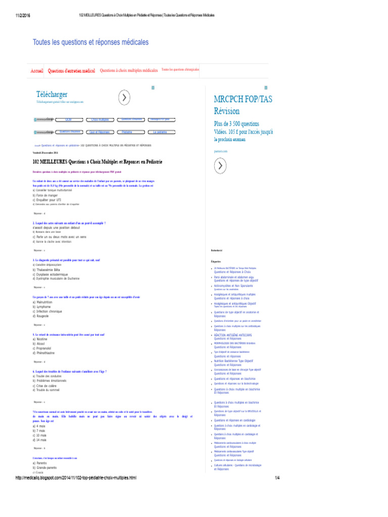 102 QCM en Pédiatrie et Réponses | PDF | Bactérie | Pharmacologie