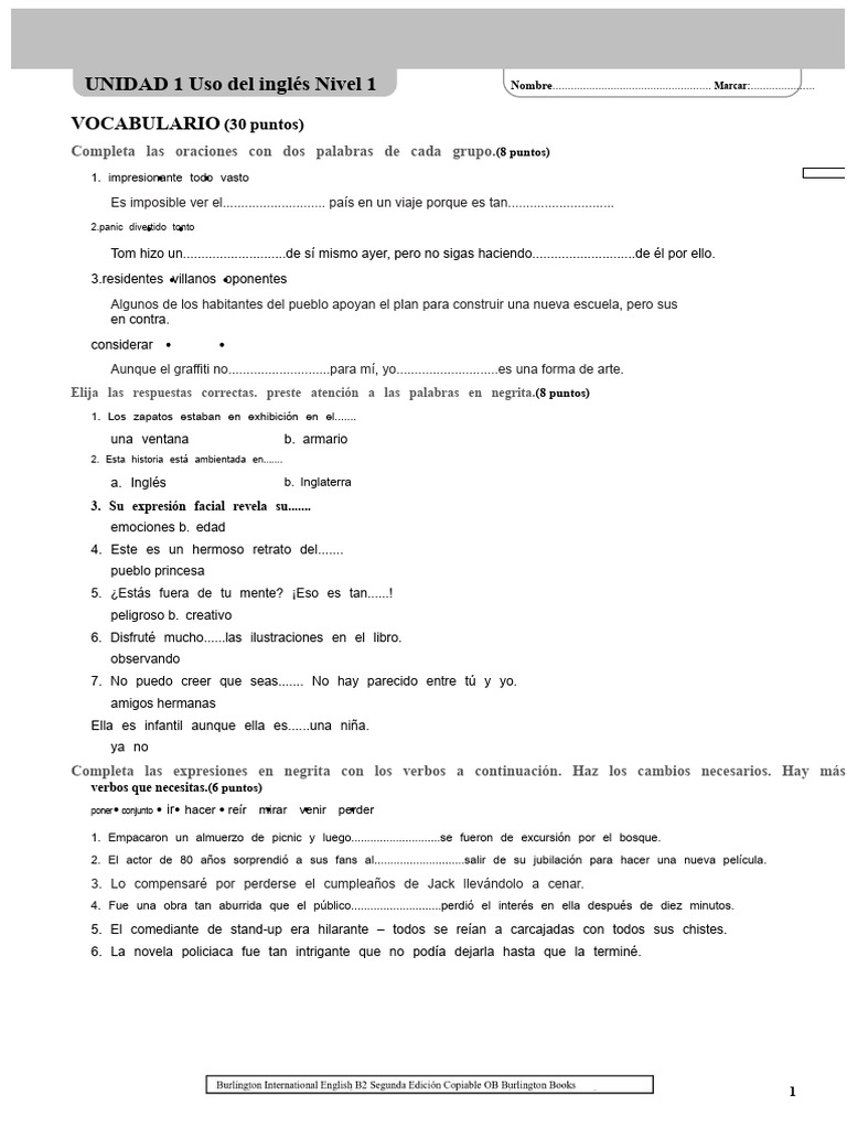 Ejercicios de Inglés Nivel 1: Vocabulario y Gramática | PDF