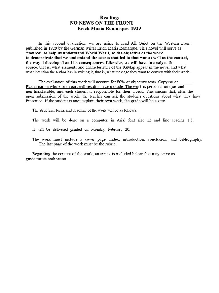WORK-EXAM Reading All Quiet On The Western Front | PDF
