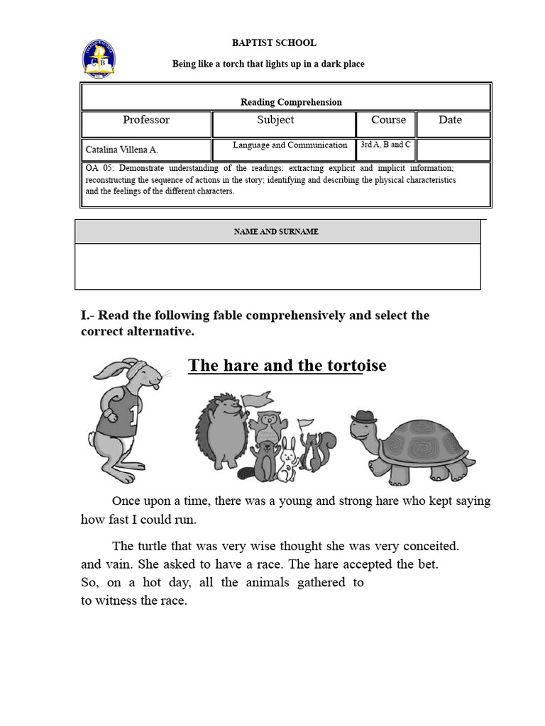 Reading Comprehension The Fable | PDF | Reading Comprehension ...