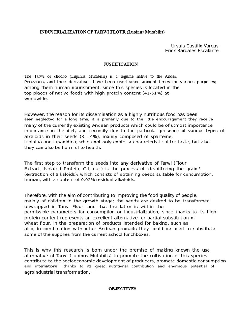 Thesis Proposal - Tarwi Flour | PDF | Agriculture | Crops