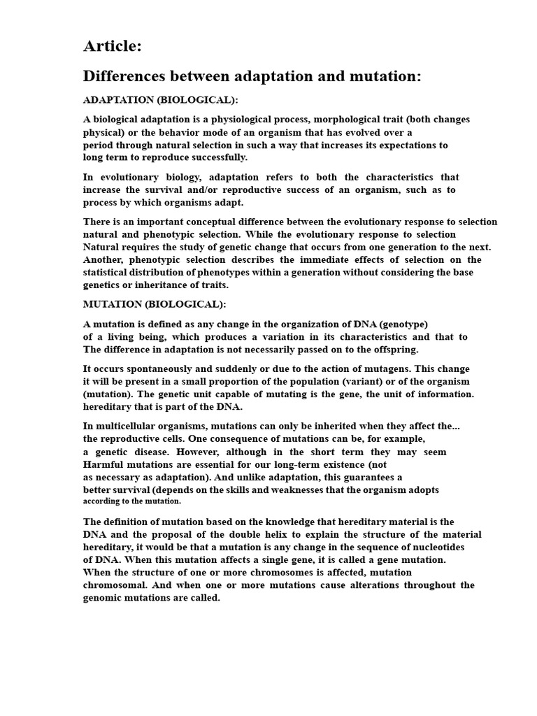 Differences Between Adaptation and Mutation | PDF | Mutation | Natural ...