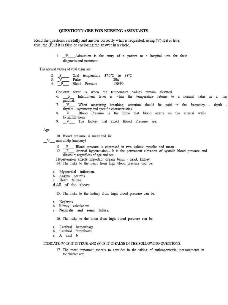 Questionnaire For Nurse Assistants Ii | PDF | Blood Pressure | Hypertension