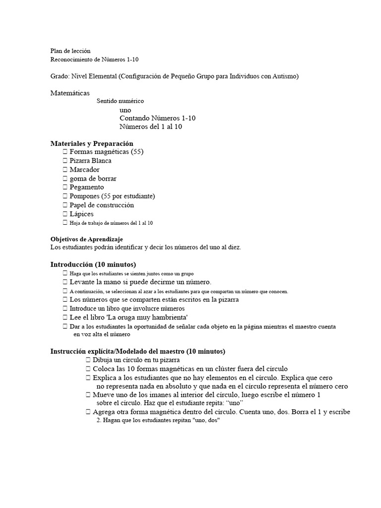 Plan de Lección Reconocimiento de Números 1-10 | PDF | Aprendizaje