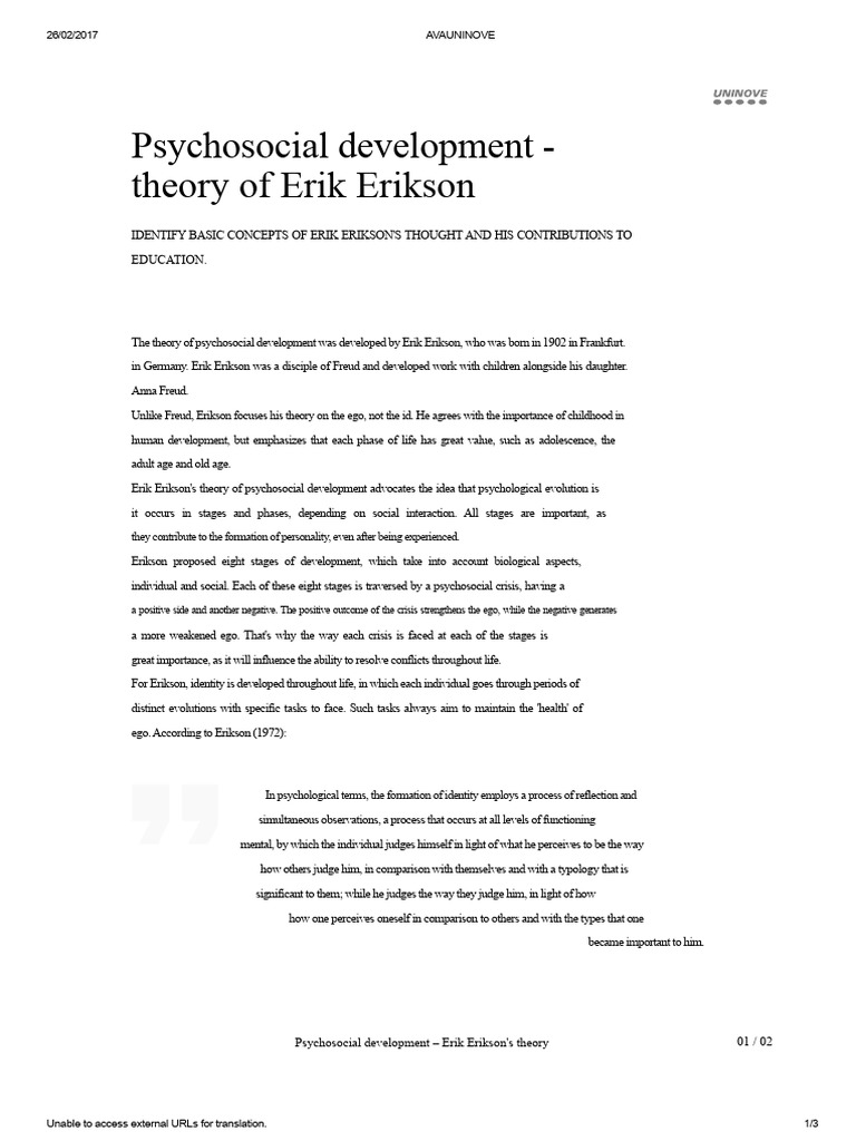 Erik Erikson's Psychosocial Development Theory | PDF | Identity (Social ...