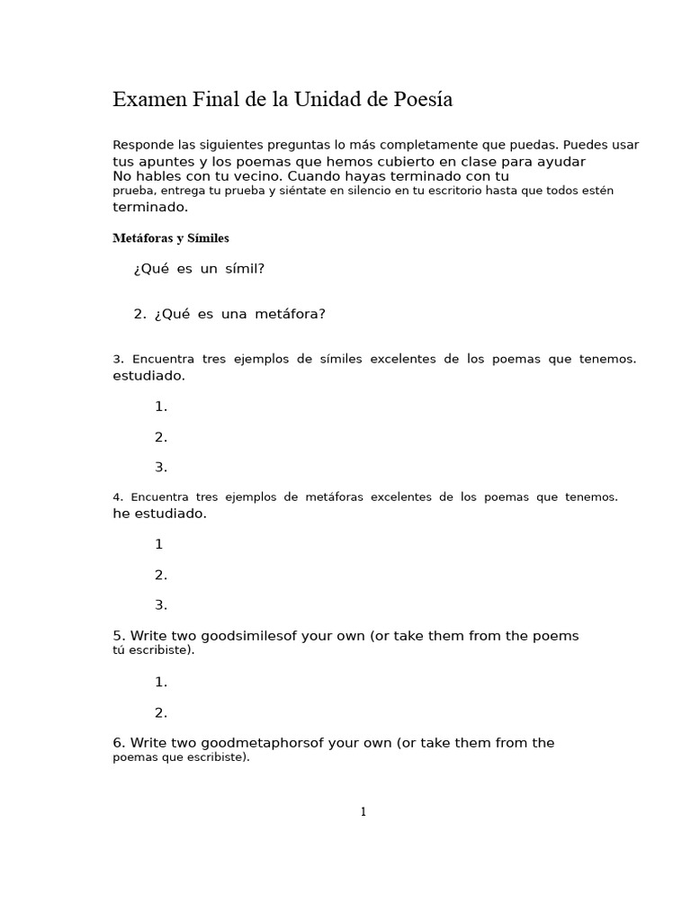 Examen Final de Poesía | PDF | Poesía | Metáfora