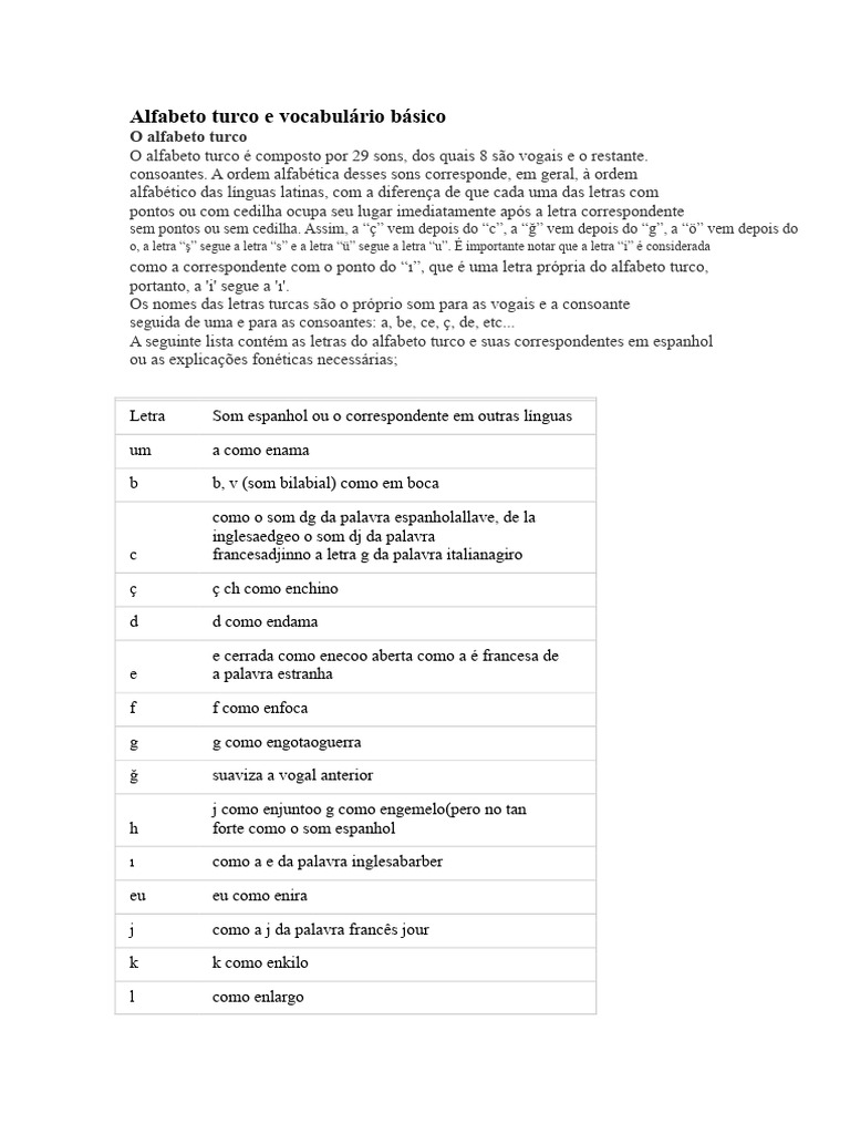 Alfabeto e Vocabulário Turco | PDF | Famílias linguísticas | Linguística