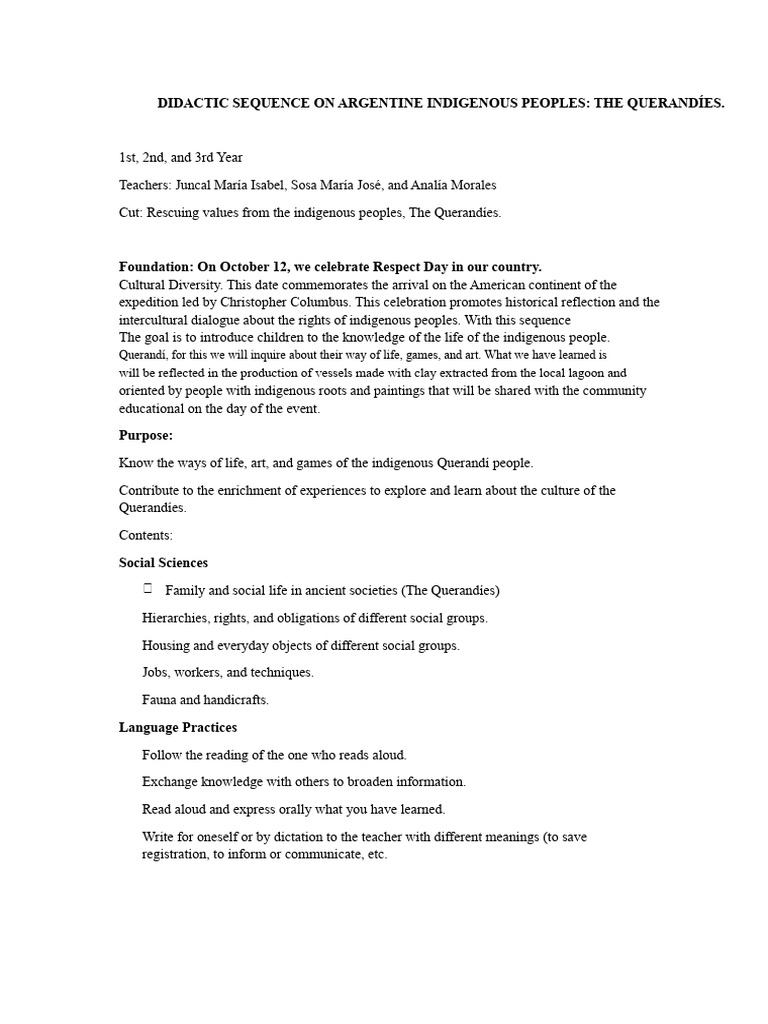 Didactic Sequence of Argentine Indigenous Peoples | PDF