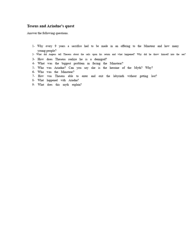 Myth of Theseus and Ariadne Questionnaire | PDF