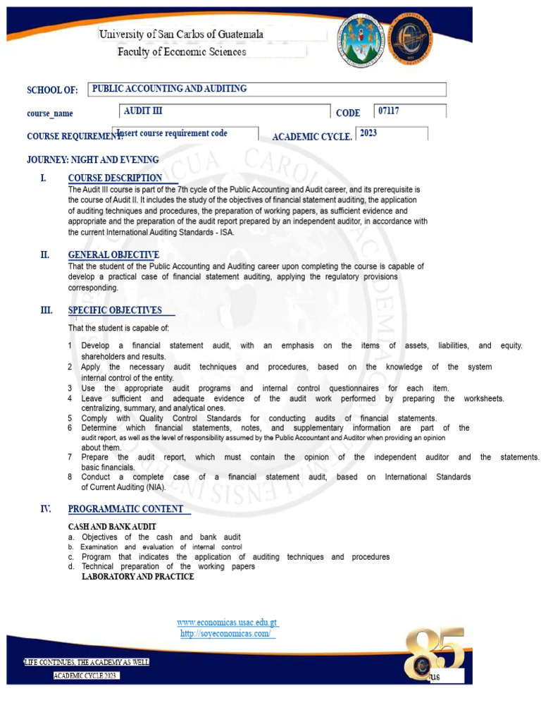 Course Syllabus For Auditing Iii Pdf Audit Internal Control
