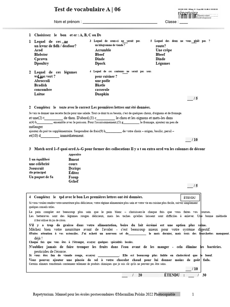 Test de vocabulaire alimentaire A | PDF | Nourritures | Légumes