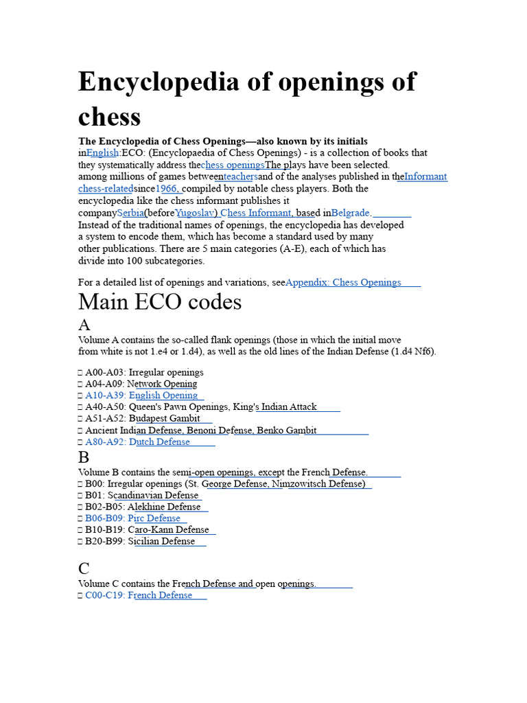 Encyclopedia of Chess Openings | PDF | Chess Openings | Chess