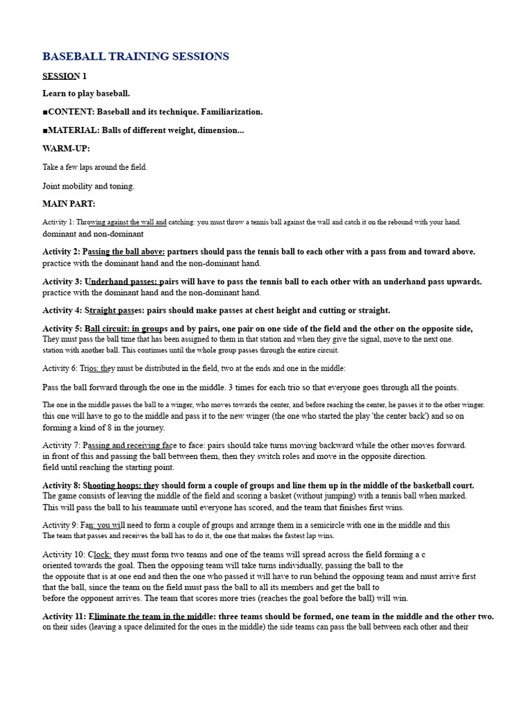 Baseball Training Sessions | PDF | Batting (Baseball) | Pitcher