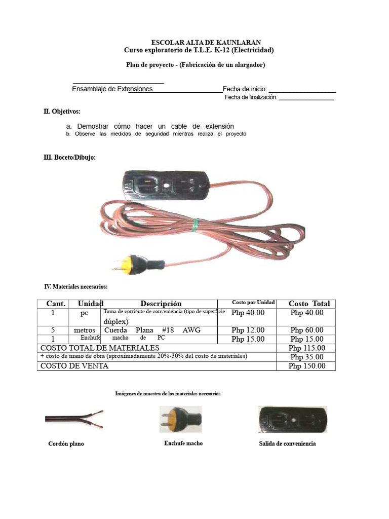 Plan Del Proyecto Cable de Extensión | PDF | Enchufes y tomas de ...