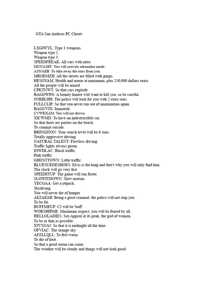 GTA San Andreas PC Cheat Codes Guide | PDF | Letter Case