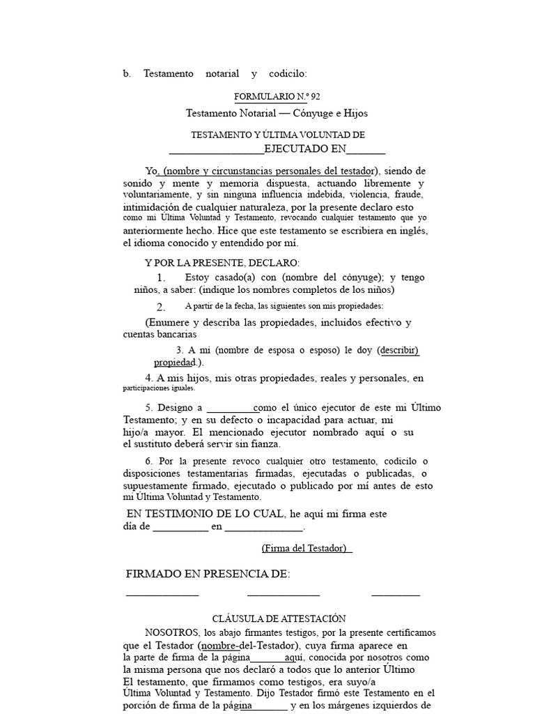 FORMULARIO N.º 92 Testamento Notarial - Cónyuge e Hijos | PDF ...