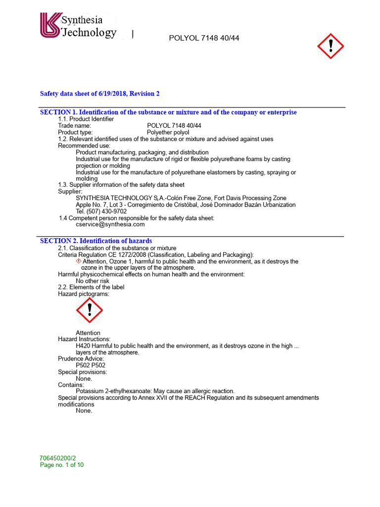 Safety Data Sheet - Polyol 7148 40 44 | PDF | Toxicity | Dangerous Goods