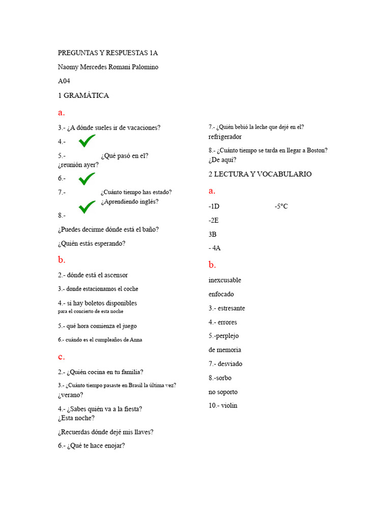 Preguntas y Respuestas en Inglés 1A | PDF
