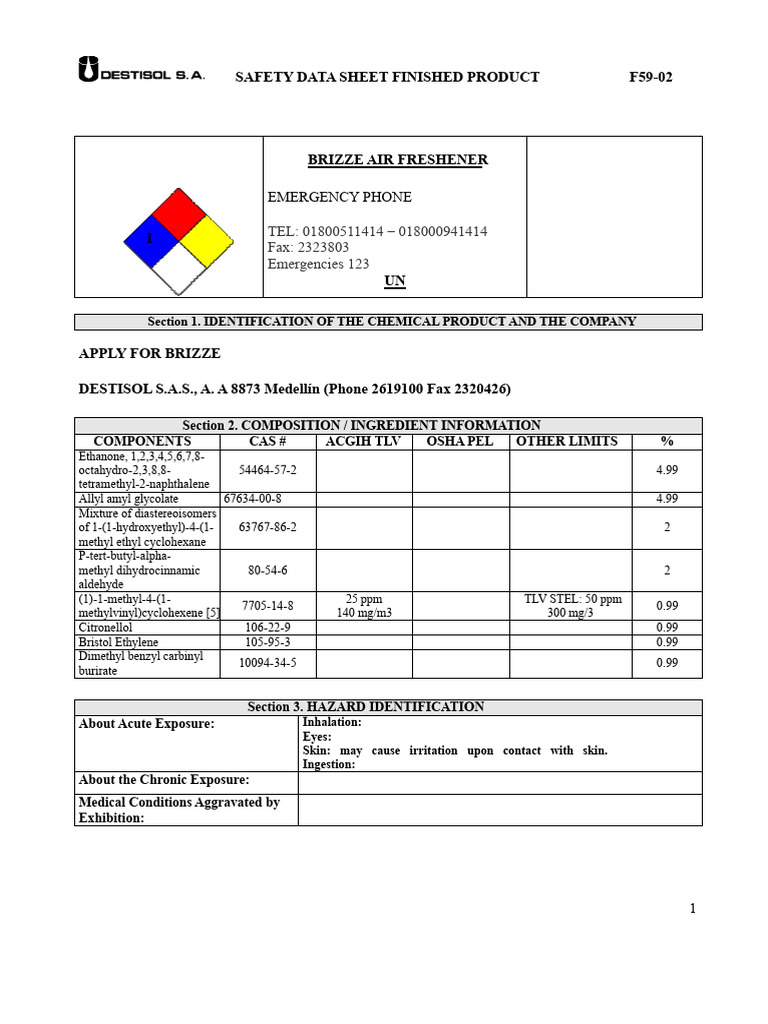 Brizze Air Freshener Safety Data Sheet | PDF | Toxicity | Water