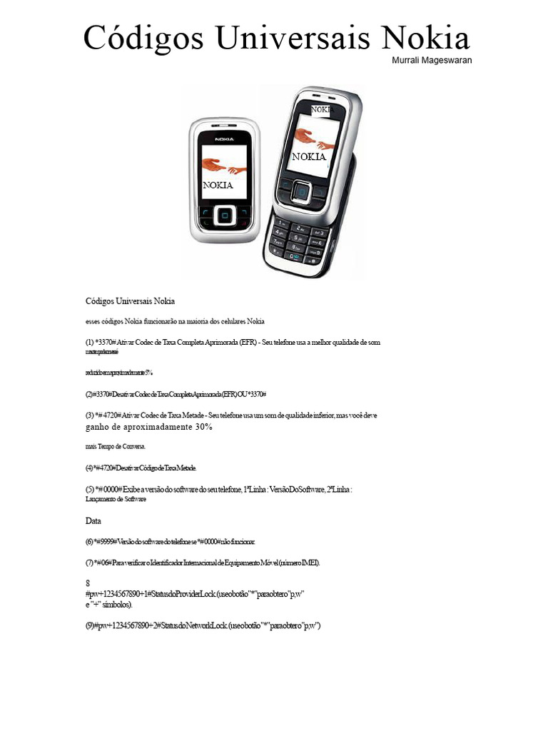 Códigos Universais Nokia | PDF | Celulares | Informática