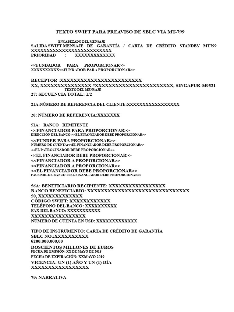 Preaviso SBLC vía SWIFT MT-799 | PDF | Carta de crédito | Bancos