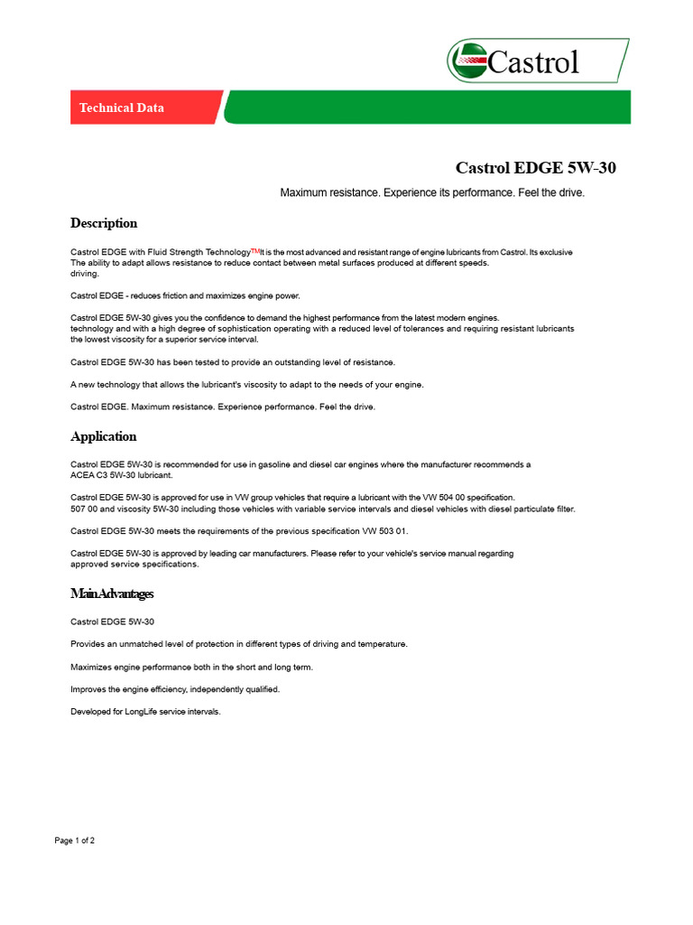 Castrol EDGE 5W-30 Technical Specifications | PDF | Lubricant | Motor Oil