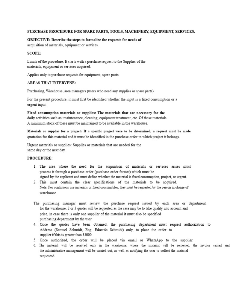Spare Parts Purchase Procedure | PDF | Business | Supply Chain Management